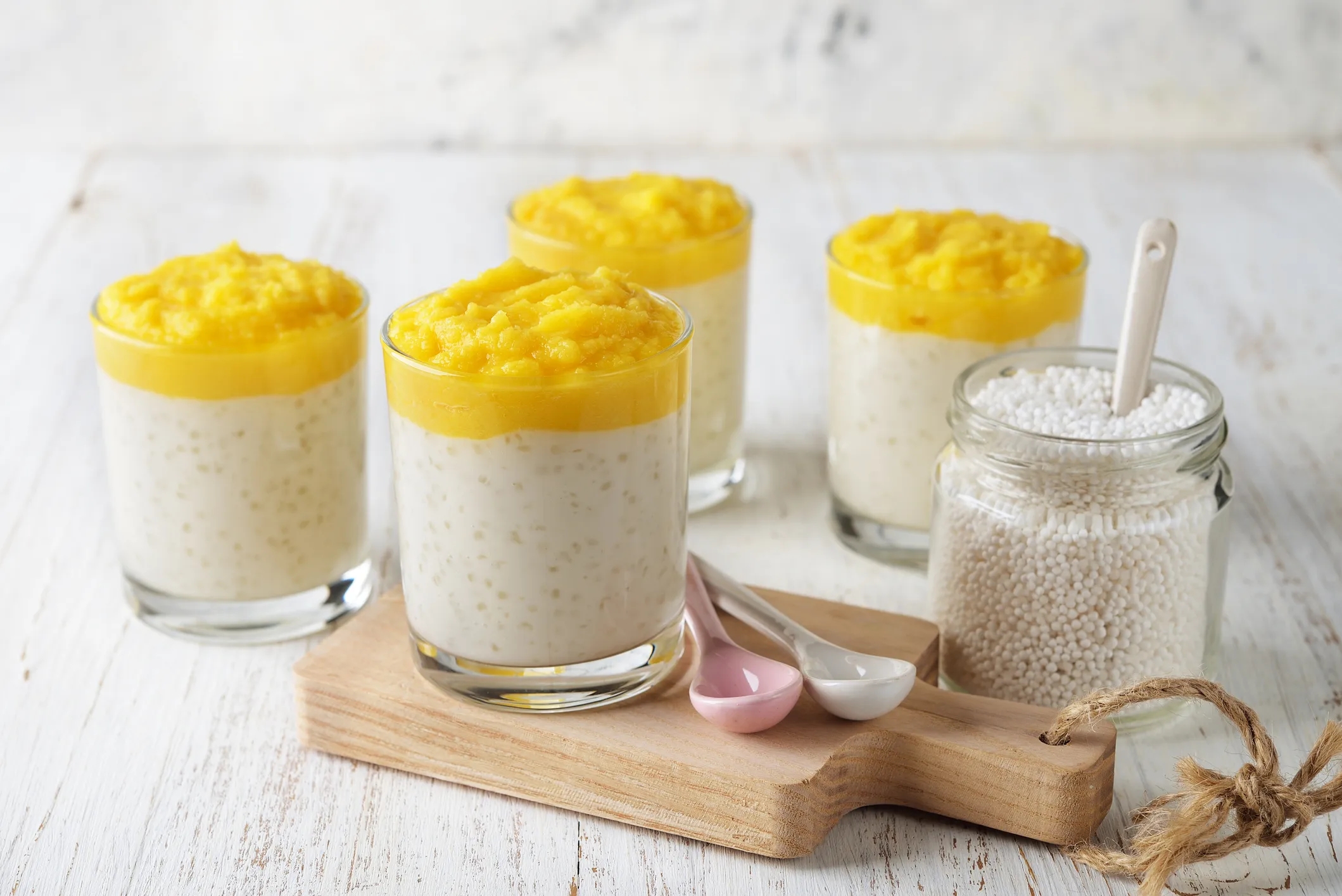 Image of a creamyTapioka-Pudding with vibrant Mango puree, presented on ...